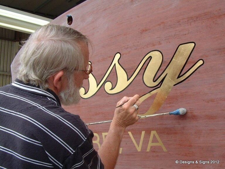 Gold Leaf Lettering For Boats - Bessy was installed by Designs & Signs