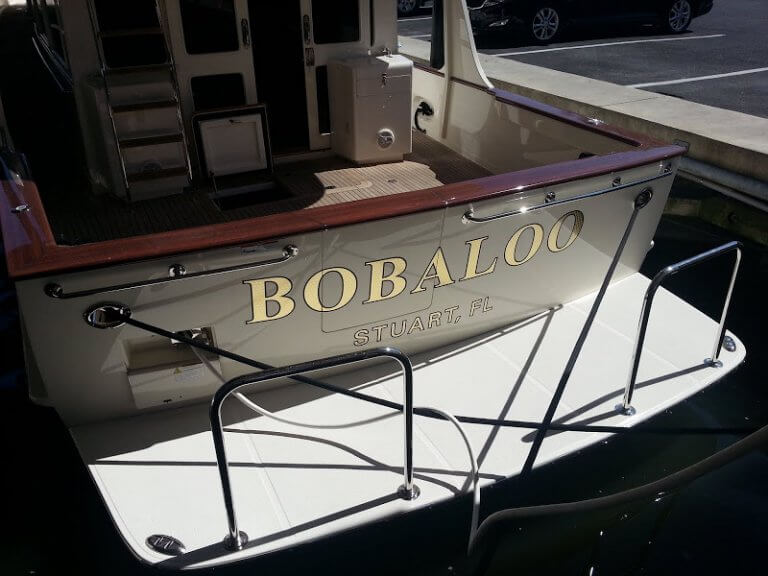 Gold Leaf Yacht Lettering, a Unique Yacht Name on Bobaloo. D&S, LLC